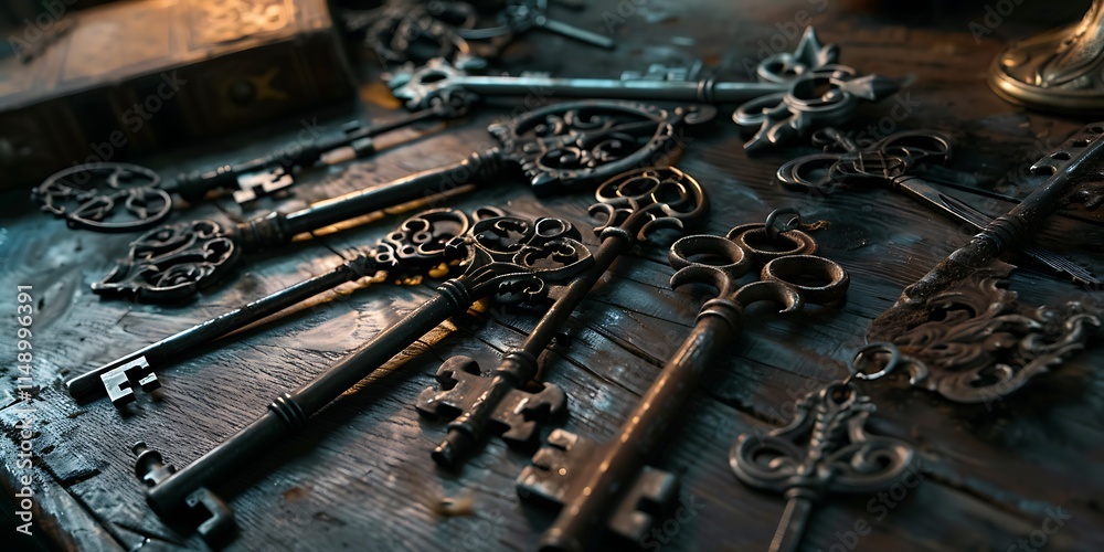 An assortment of antique medieval keys arranged on a dark wood surface ...