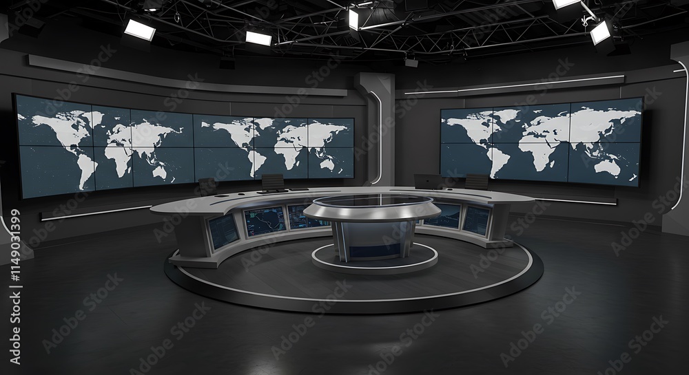 Modern news studio interior. Circular desk with screens. Screens ...
