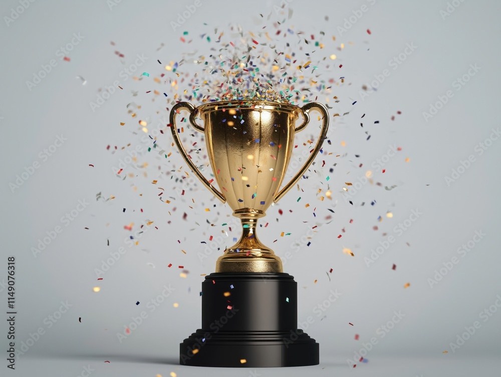 Gold trophy surrounded by confetti. Celebration of success, achievement ...