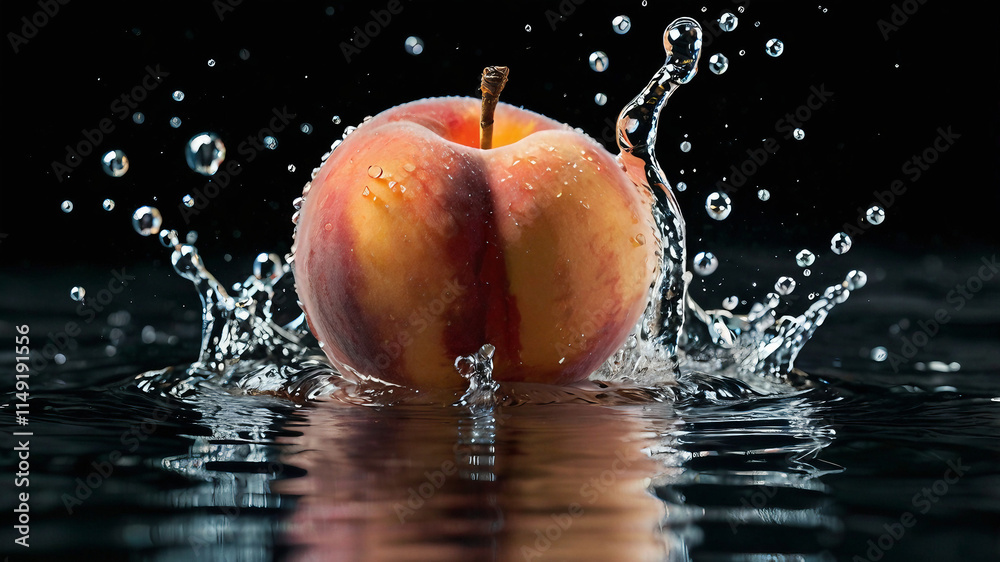 Fresh peach with a dynamic water splash against a dark background ...