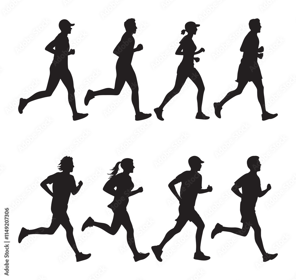 silhouettes of running people, silhouettes of people, runners vector ...
