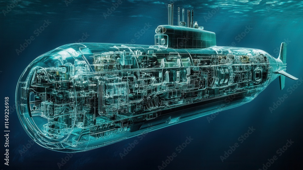 X-Ray View of Modern Submarine Underwater 3D Render of Nuclear-Powered ...