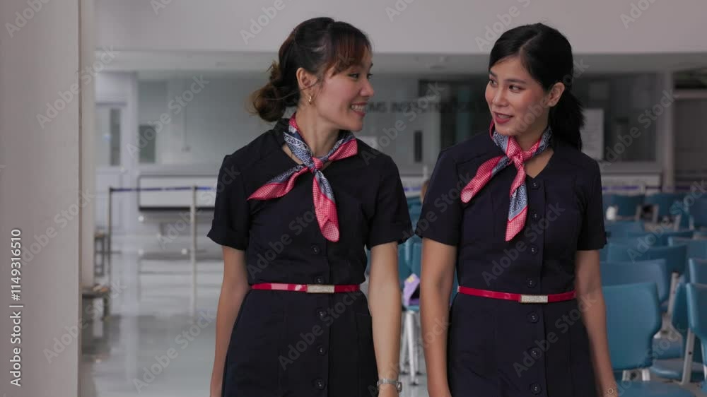 Slowmotion. Two woman friends walking in airport. Cabin crew, air ...