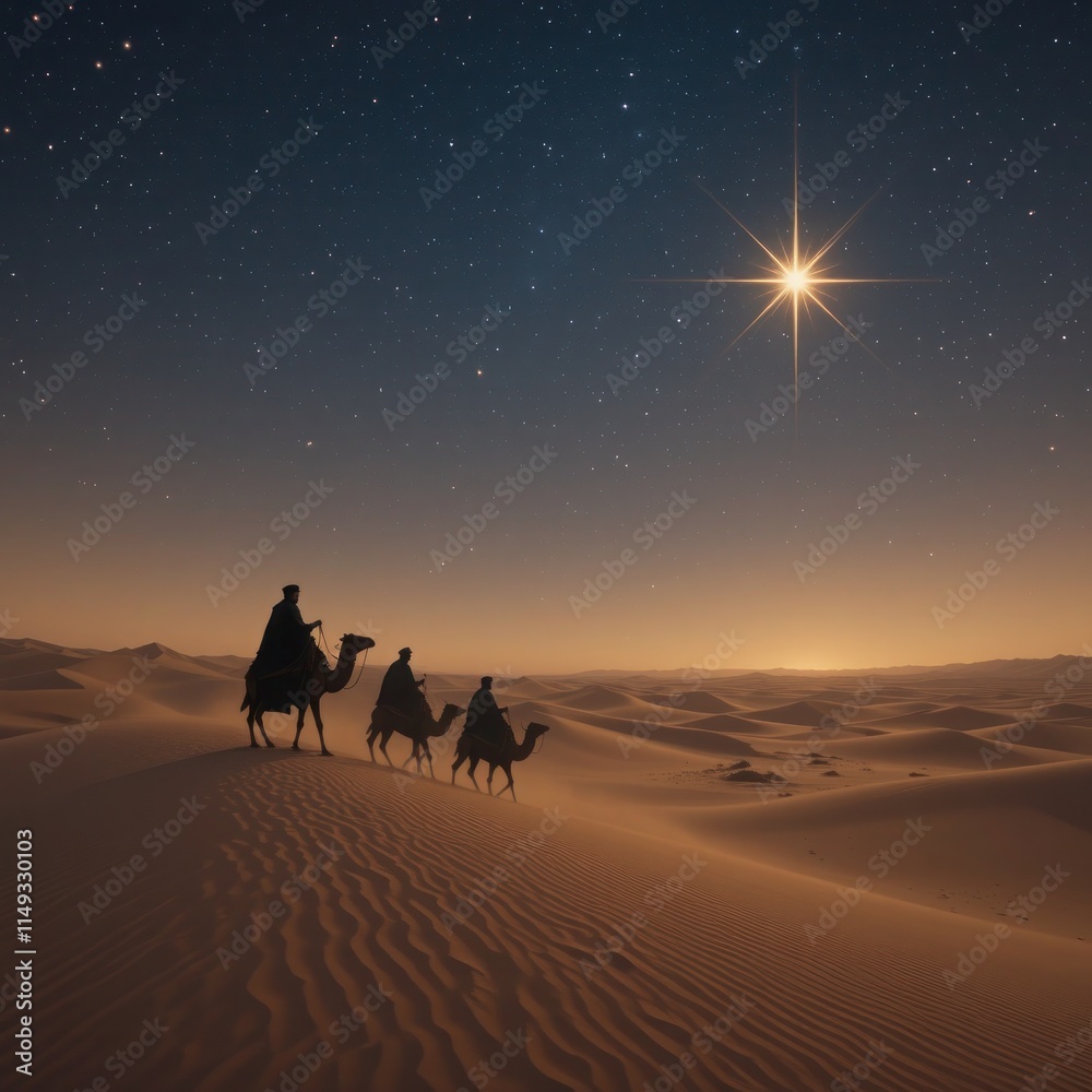 Desert scene of the Three kings on their camels on the way to Bethlehem ...