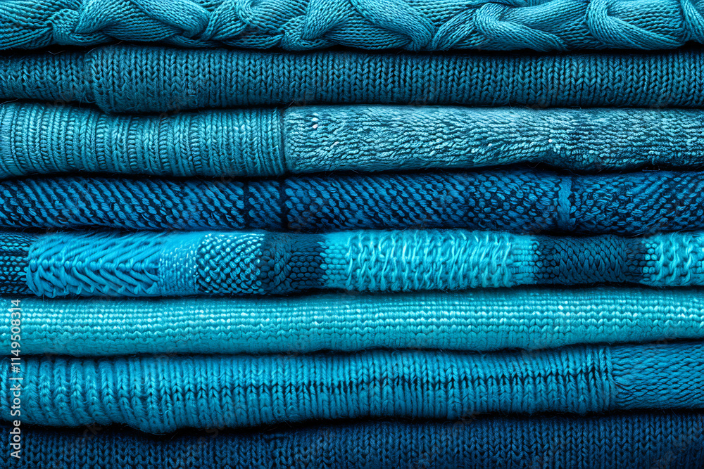 fabrics stack, a neat stack of different shades of blue textiles, with ...