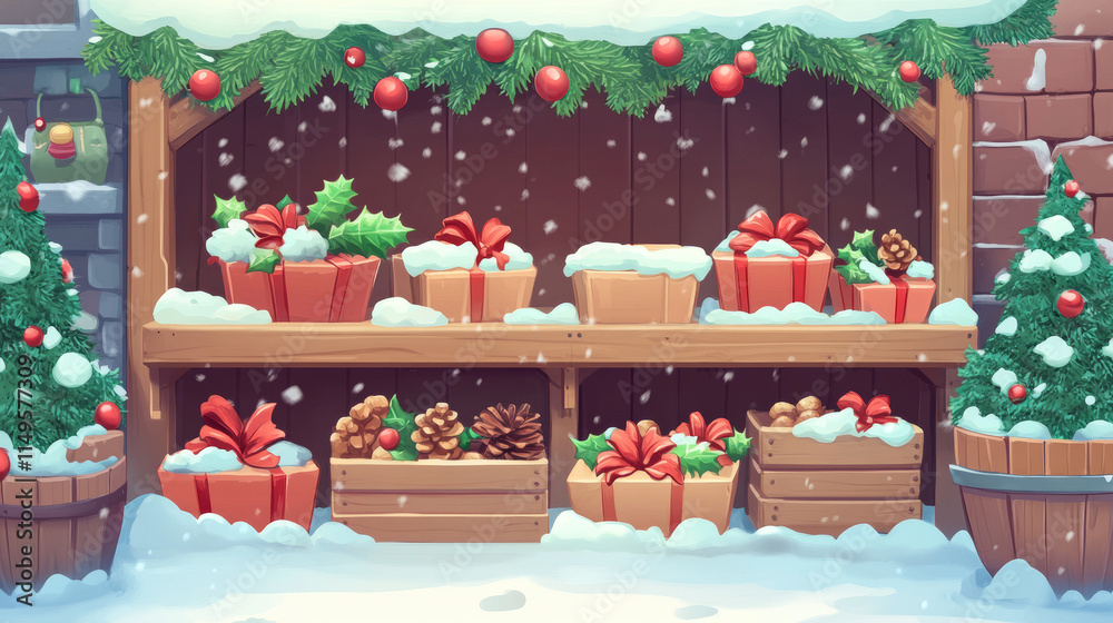 Game shop Christmas interface - cartoon vector ui snowy wooden rack ...
