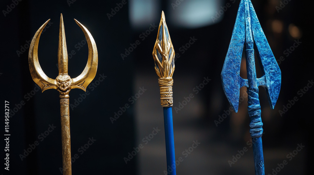 Magic staff icon. Devil trident and spear cartoon fantasy ui set. Gold ...