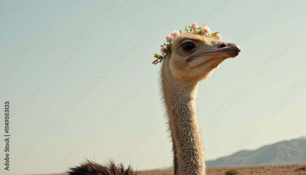 Side profile of an ostrich with a small flower crown on its head, soft ...