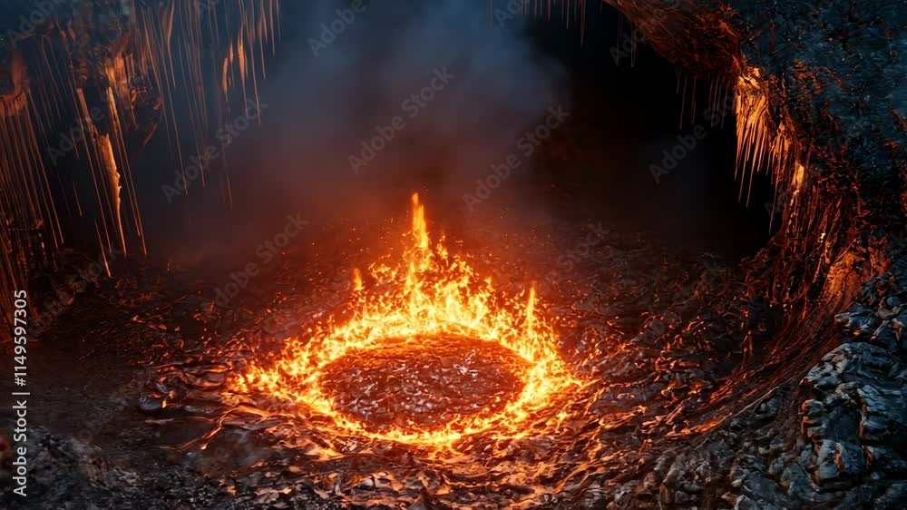 Fiery Eruption in Mysterious Lava Cave with Glowing Orange Flames Stock ...