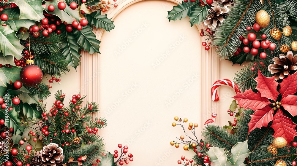 Festive Christmas wedding invitation template with holly leaf border ...