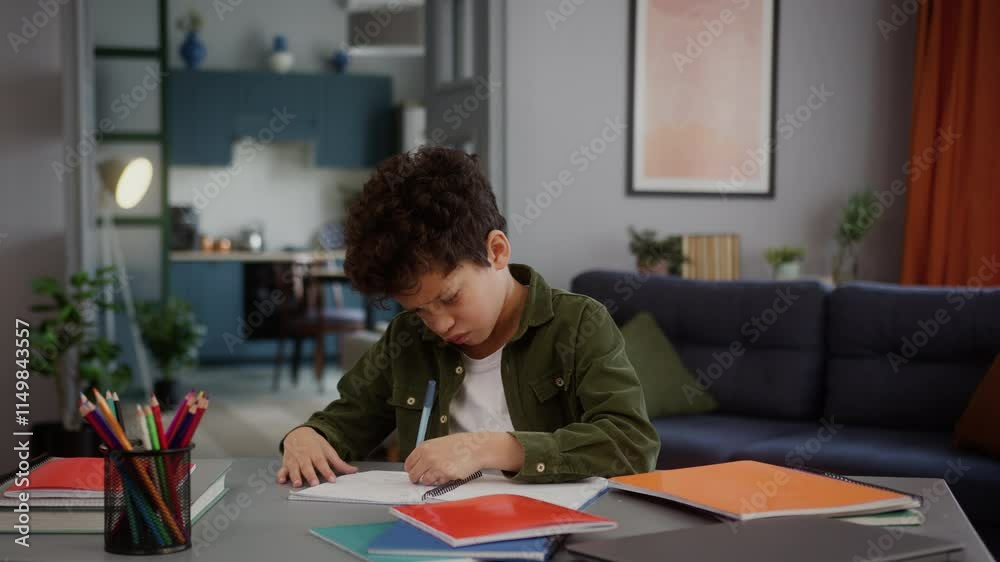 Tired stress African American 10s son boy child kid pupil schoolboy studying learning at home ...