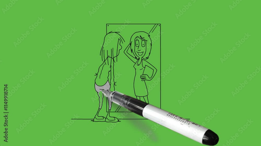 draw young girl stand in-front-of mirror see herself in different ...