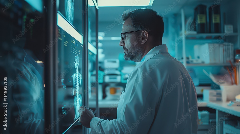 Orthopedic surgeon examining an x-ray image of a patient's fractured ...