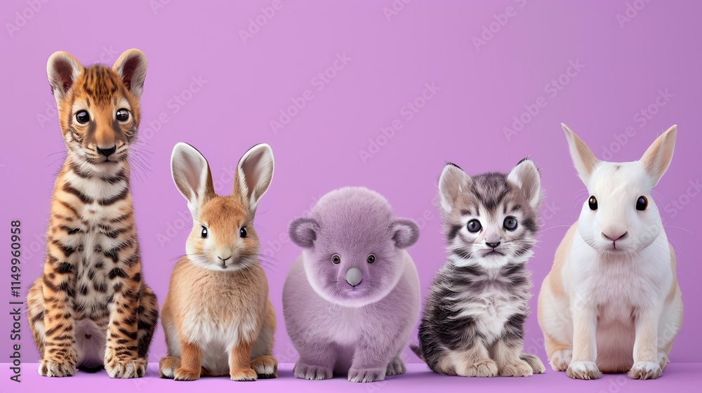 Five baby animals, including a tiger cub, a bunny, a purple fuzzy ...