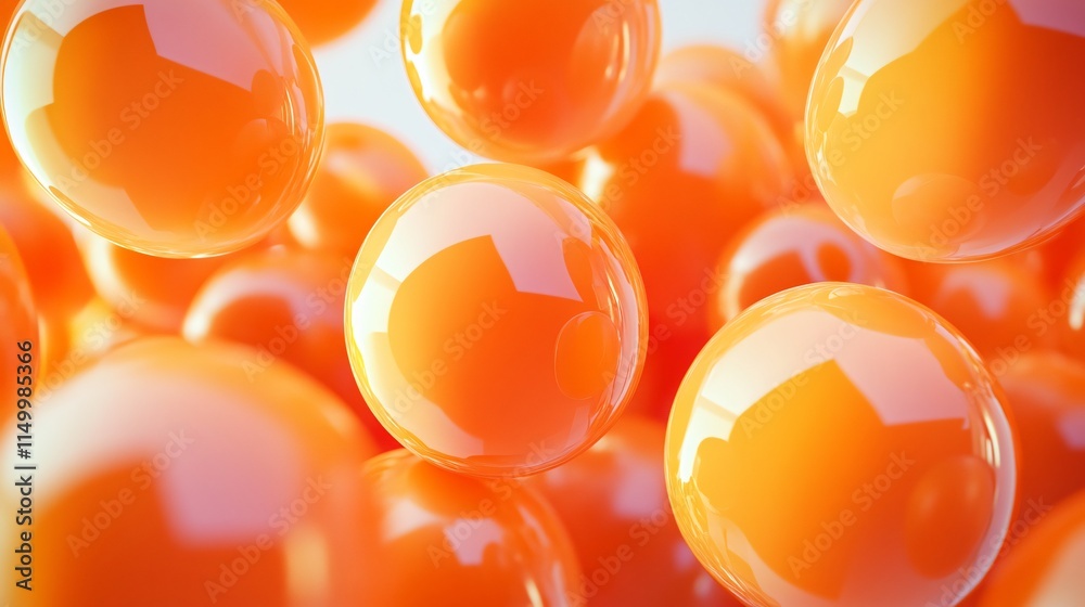 Close up of many orange spheres. The spheres are all different sizes ...