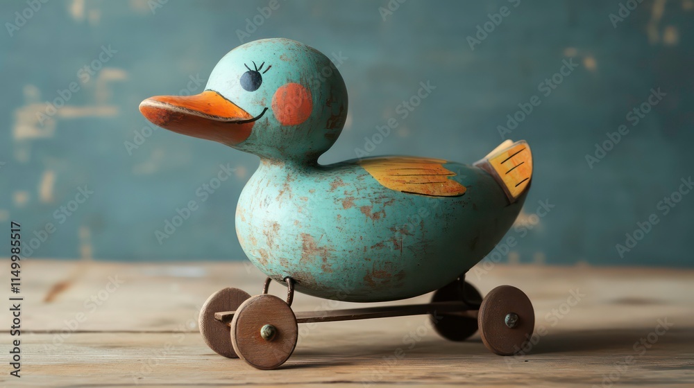 Whimsical 3D pull along duck toy with a bright yet faded color palette ...