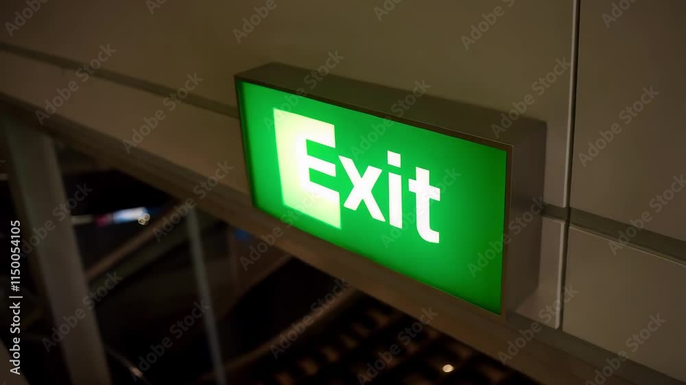 Glowing emergency exit sign casting green illumination, guiding people ...