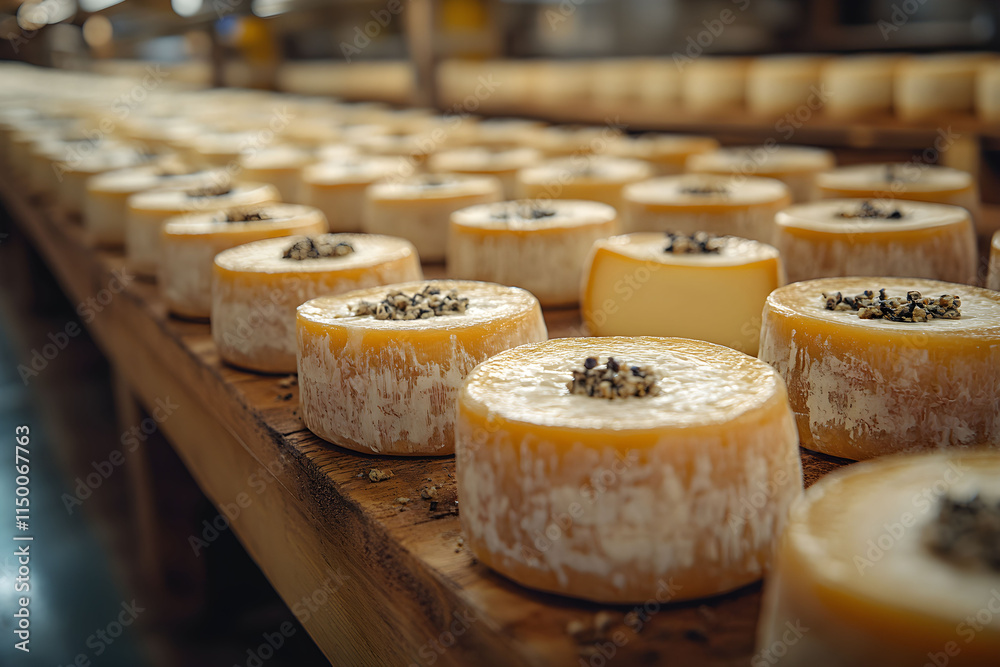 Rows of well-crafted cheese wheels are carefully arranged in an ...