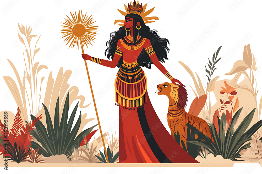 A captivating illustration of Tefnut, the Egyptian goddess of moisture and rain, embodying her ...