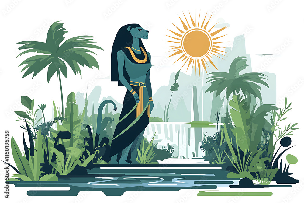A captivating illustration of Tefnut, the Egyptian goddess of moisture and rain, embodying her ...