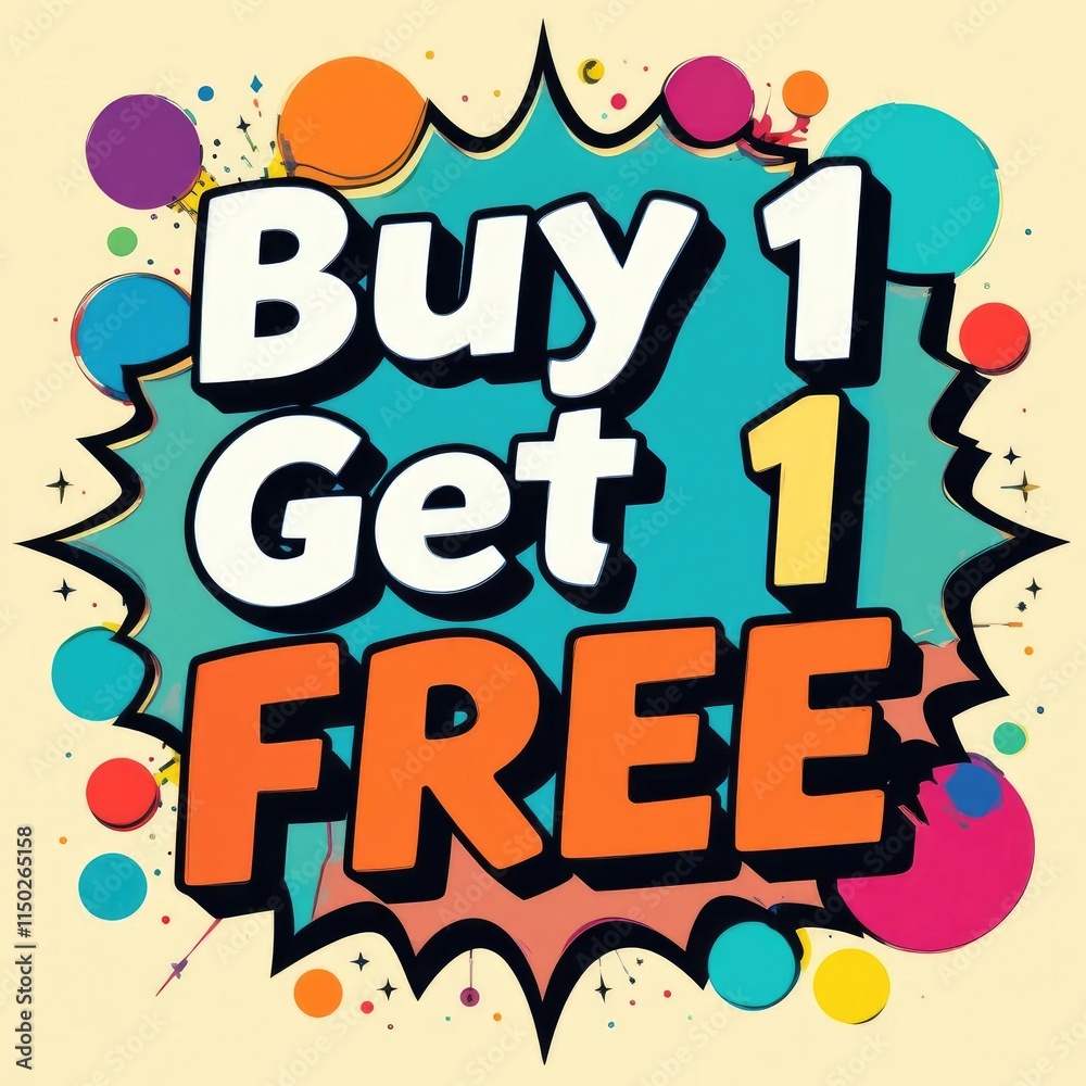 Colorful promotional sign with "Buy 1 Get 1 FREE" text in a bold design ...