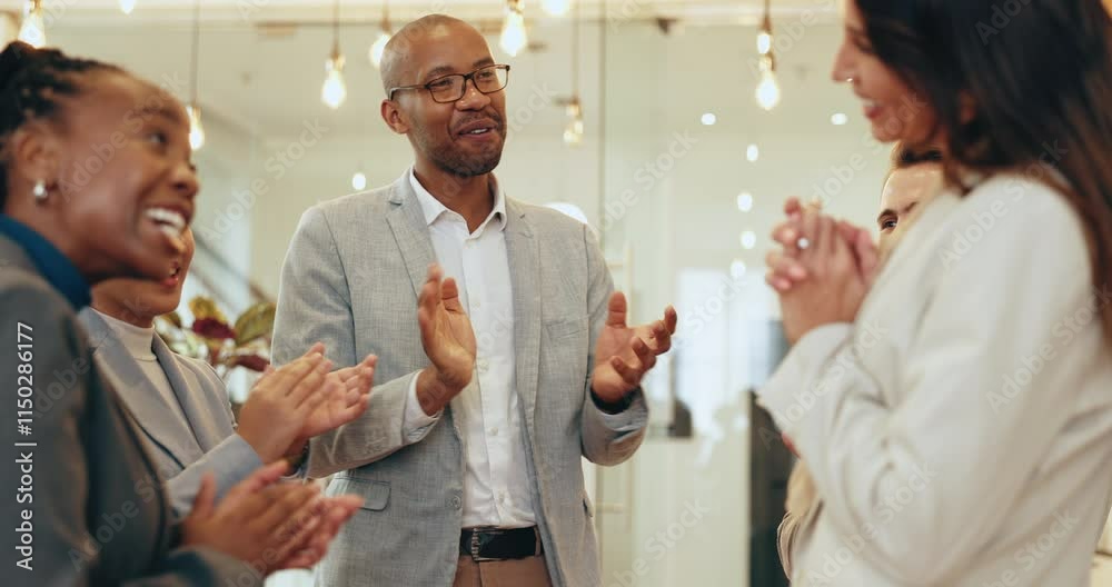 Group clapping, shaking hands and business man with respect, praise and ...