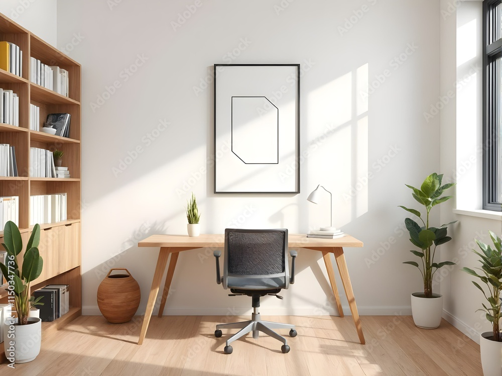 modern minimalist study room with bookshelf and geometric art poster ...