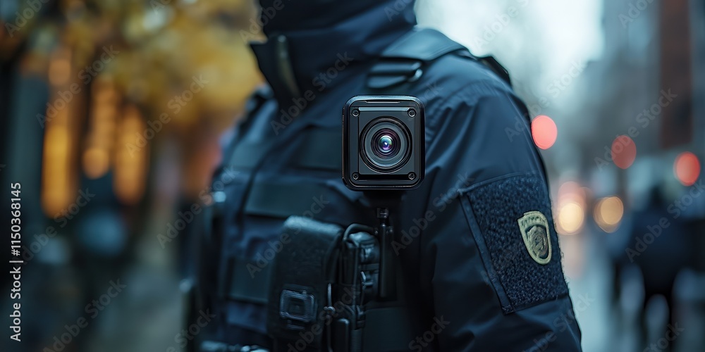 Body camera clipped to a police officer’s uniform with a compact ...