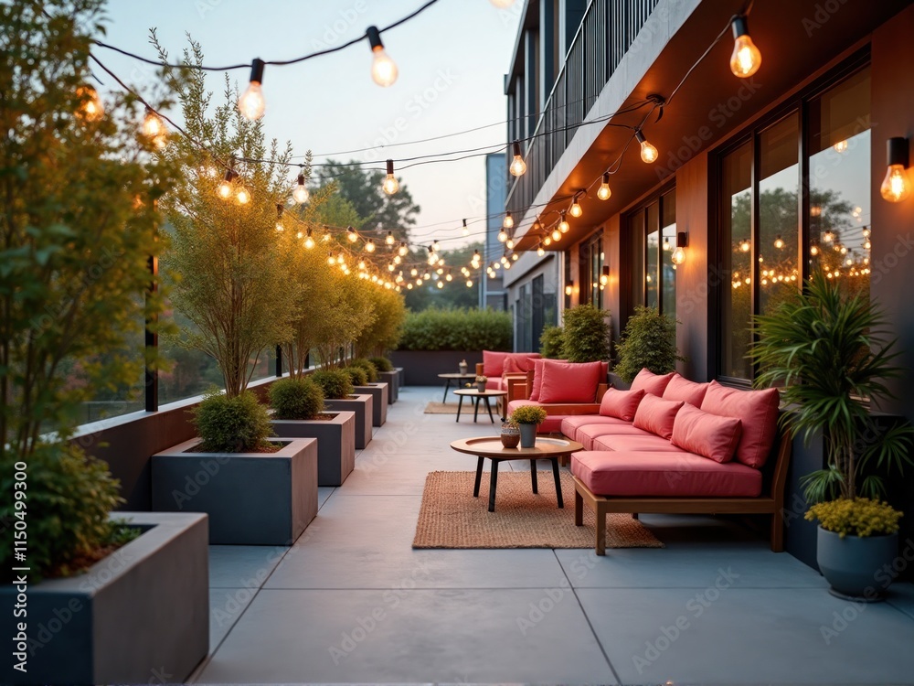 A modern terrace space featuring outdoor seating in Pantone 2025 Colour ...