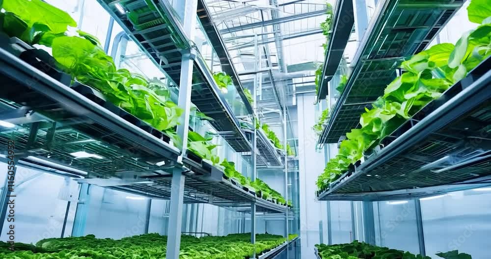 A futuristic vertical farm where plants grow in stacked layers using ...