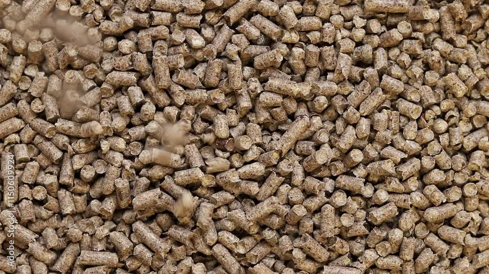 Wood filler for cat toilet, top view. Hygienic filler for pets is ...