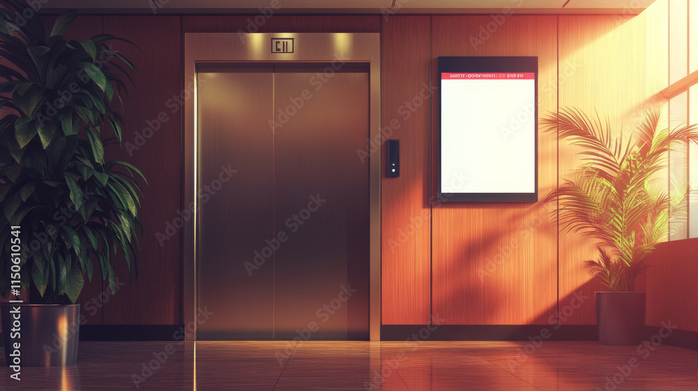 Photo & Art Print Realistic elevators with close doors and ad poster ...