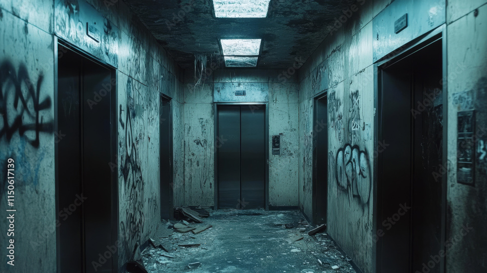 Old dirty hallway with open and closed elevator doors at night. Vector ...
