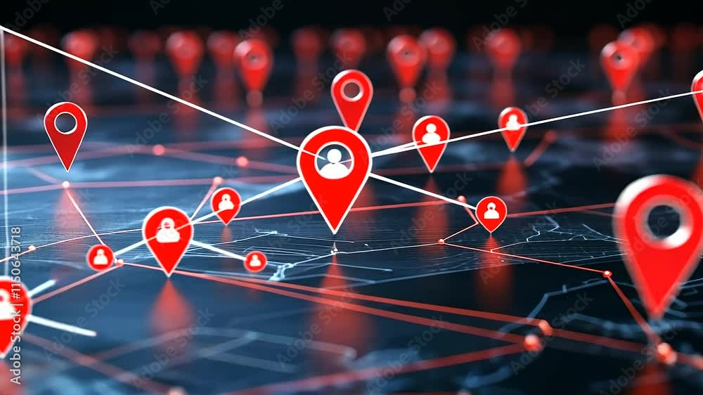 A layered D map featuring red location markers and interactive lines connecting various ...