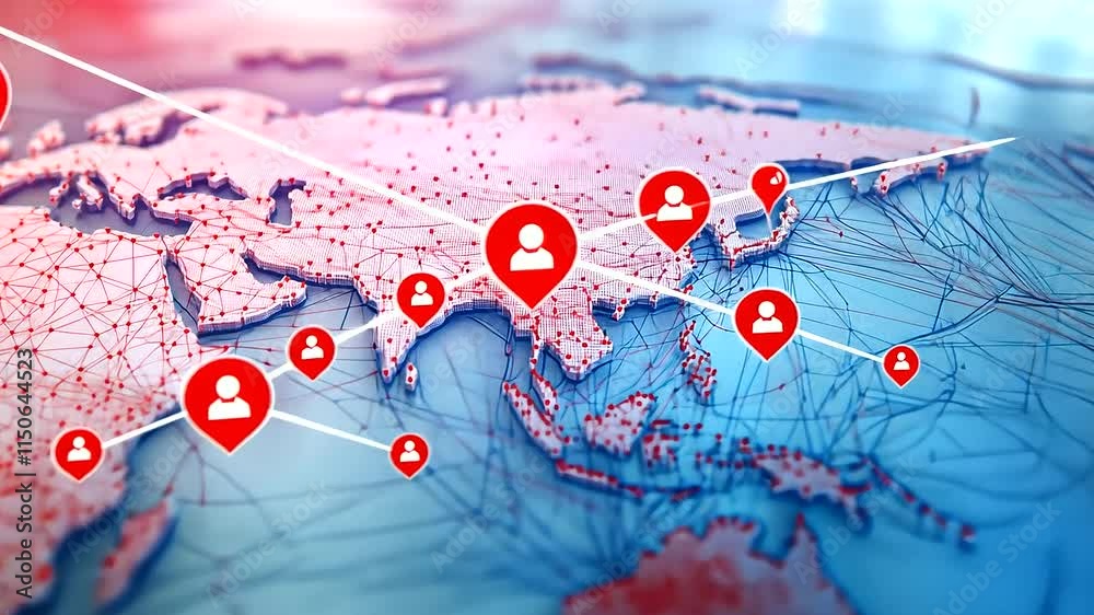 A colorful D world map with translucent layers, red pins popping out ...