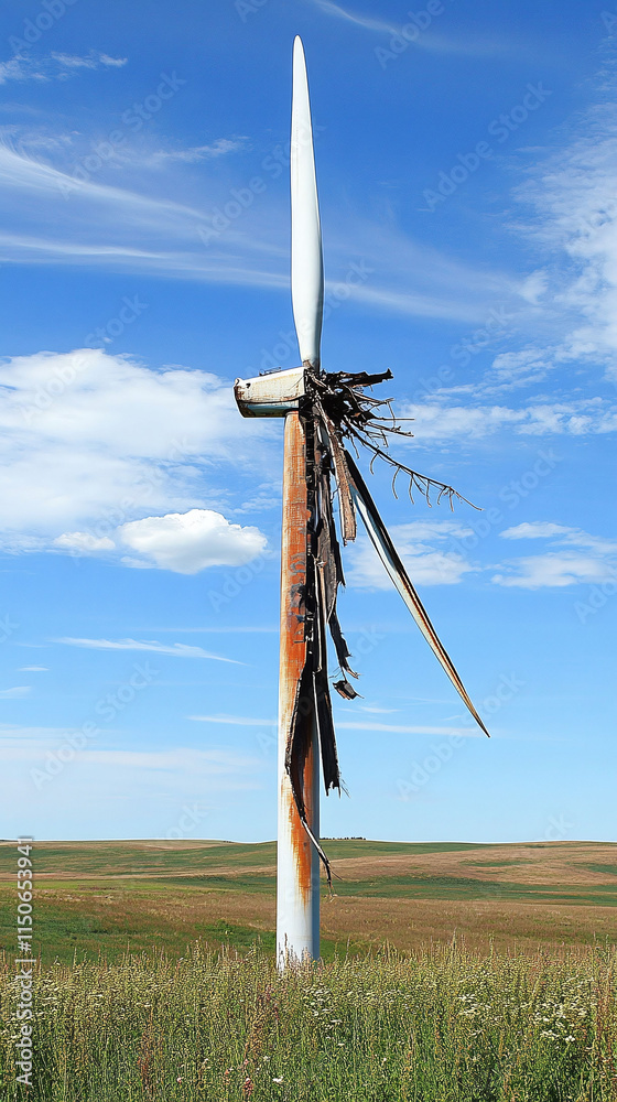 wind turbine damaged by lightning with scorch marks and a broken rotor ...