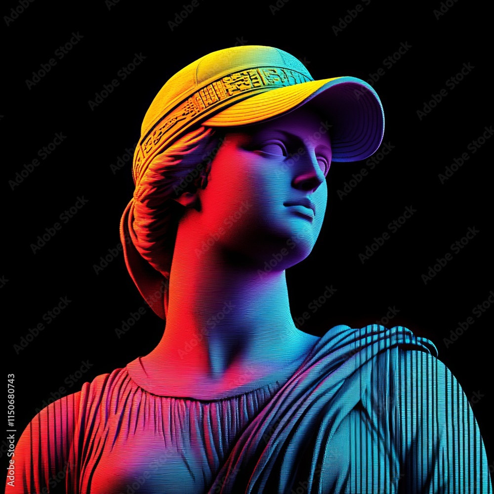 A corrupted modern glitch art style depiction of a classical male head ...