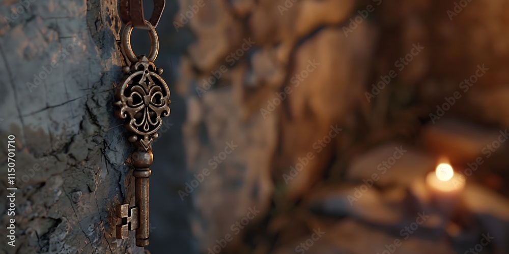 An ornate medieval key hanging from a weathered leather strap ...