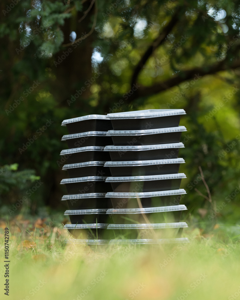 Stack of plastic food containers on grass. Set of Microwave meal prep ...