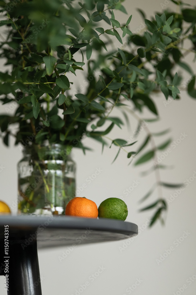 Lime, Tangerine, Lemon and Eucalyptus Branch On Table. Spanish Citrus ...