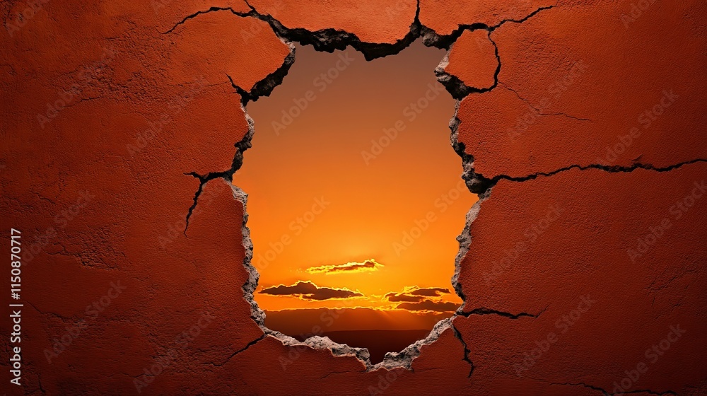Sunset Through the Cracks: A dramatic image of a hole in a cracked ...