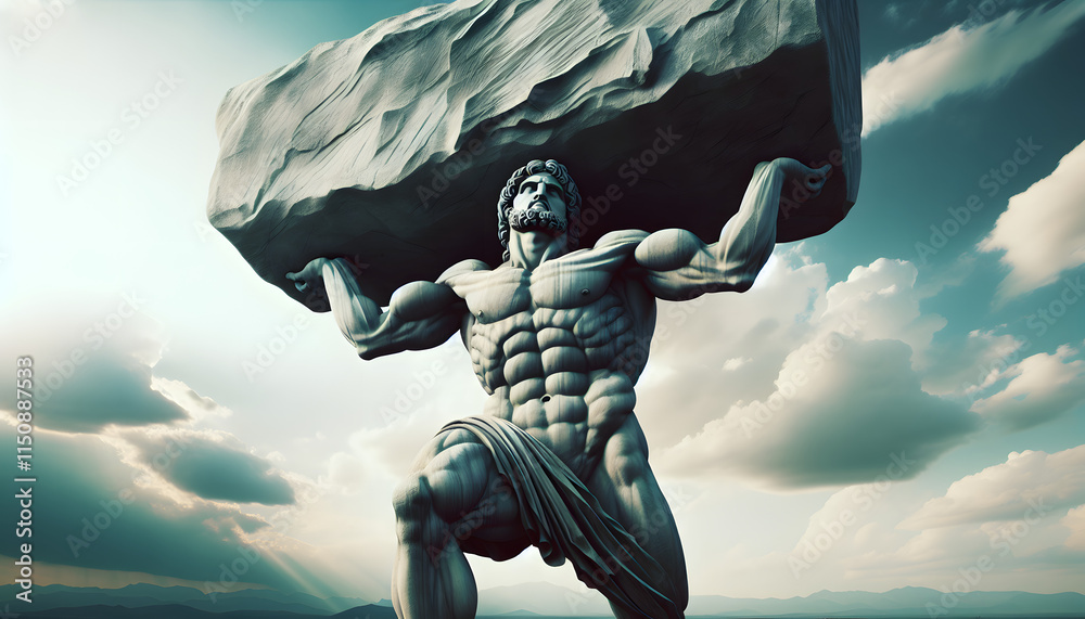 Muscular Man Lifting Boulder in Dramatic Sky - Representation of Greek ...