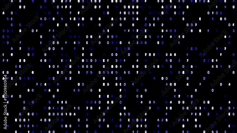 Seamless animation loop showcasing glowing blue and white hexadecimal ...