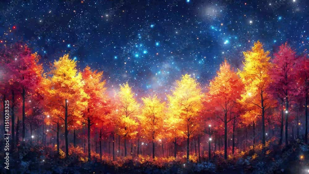 Colorful autumn trees glow under a vast starry sky at nightfall. glitch ...