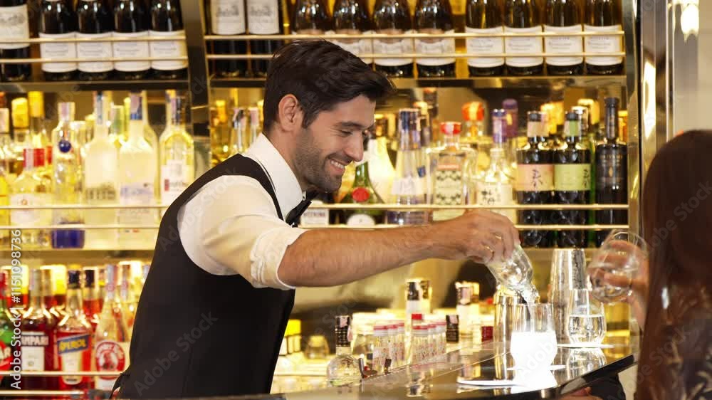 Smiling smart bartender pouring soda or tonic into glass to serve ...