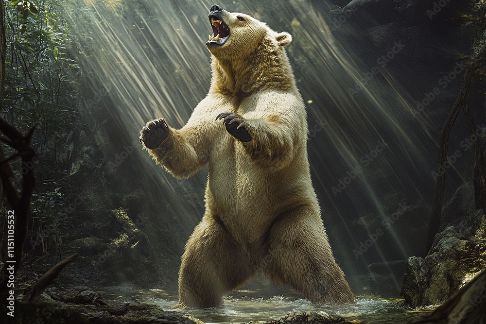 Foto de striking image of roaring bear standing on its hind legs in ...