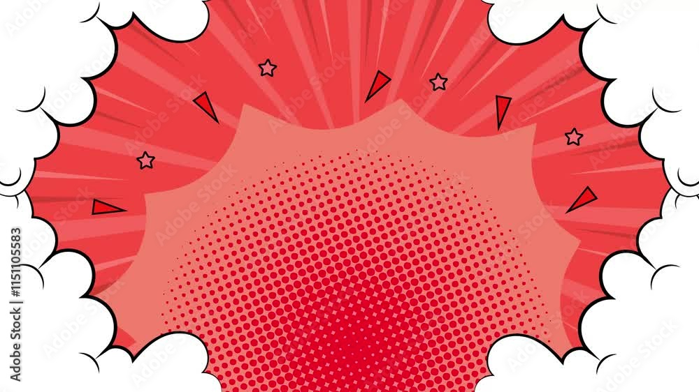 red explosion with lightning bolts in a comic panel style layout ...