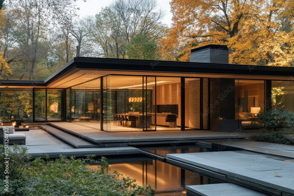 Poster Front elevation of a modernist home with a continuous glass wall ...