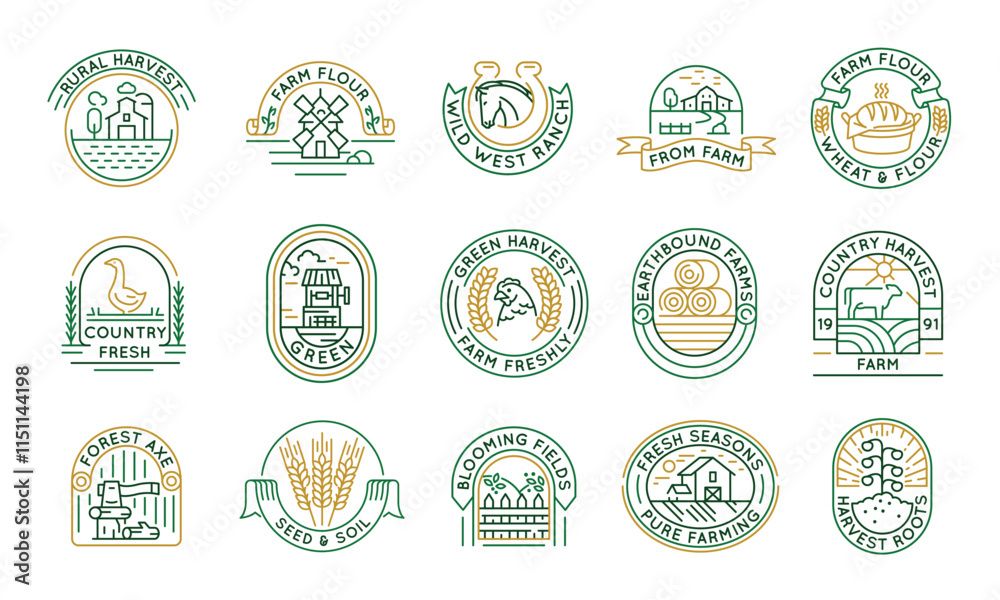 Farming and agriculture logos, labels, icons. A set of 15 farming ...
