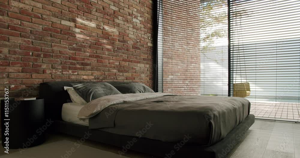 Contemporary bedroom featuring a minimalist design, dark bed linens ...